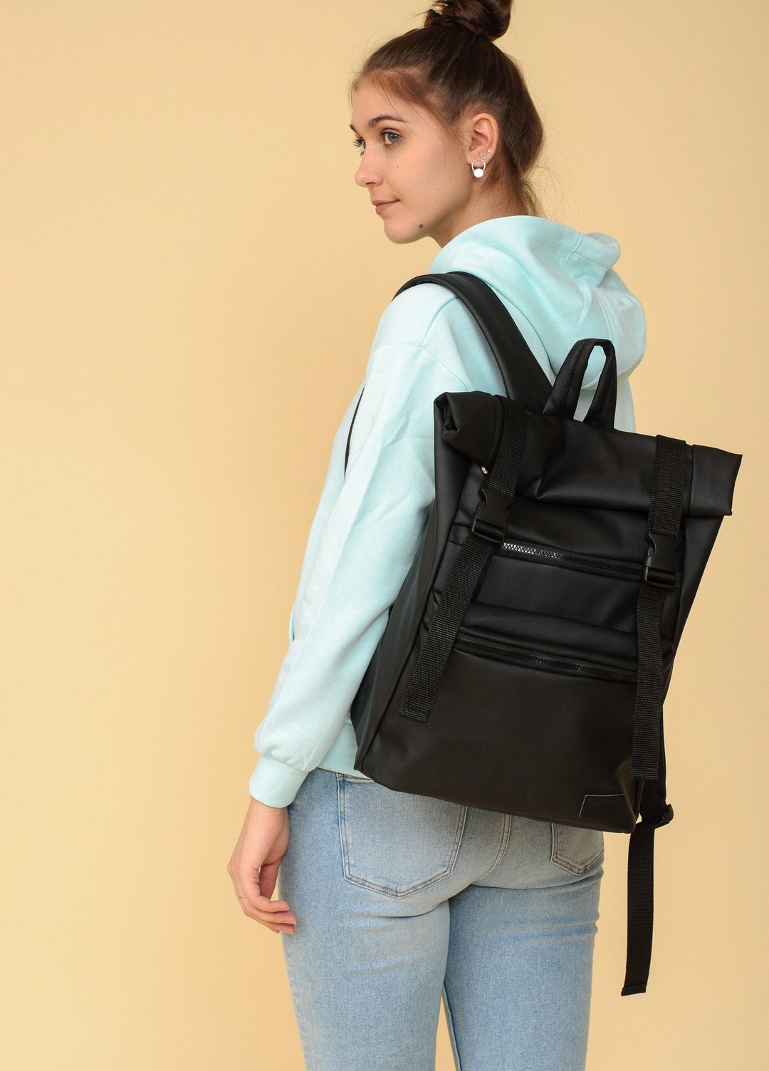 Black Roll Top Backpack, Woman Roll Top, Rolltop Backpack, Roll Top ...