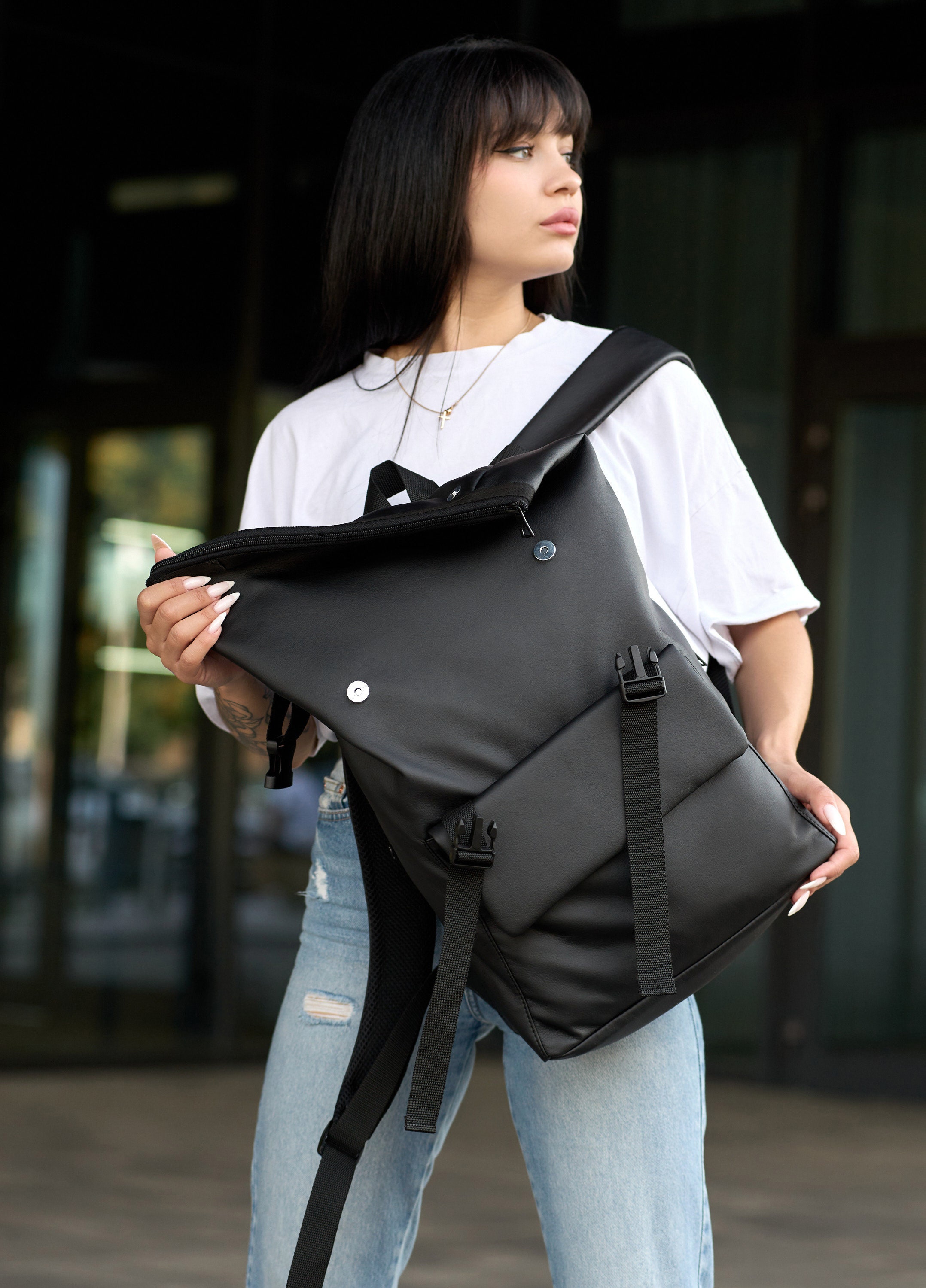 Black Roll Top Backpack, Woman Roll Top, Eco Leather Roll Top, Roll Top ...