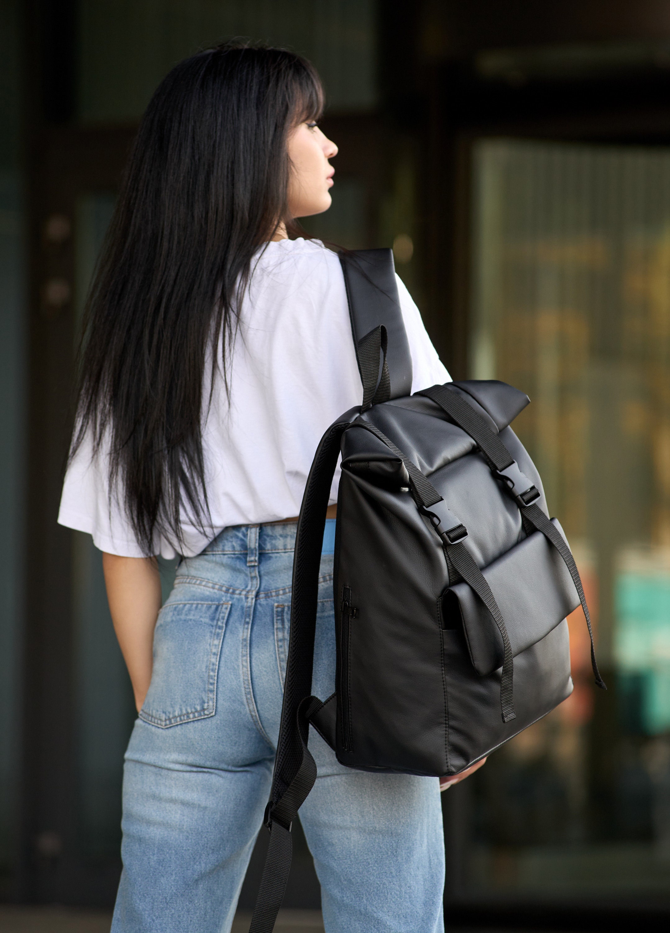Black Roll Top Backpack, Woman Roll Top, Eco Leather Roll Top, Roll Top ...