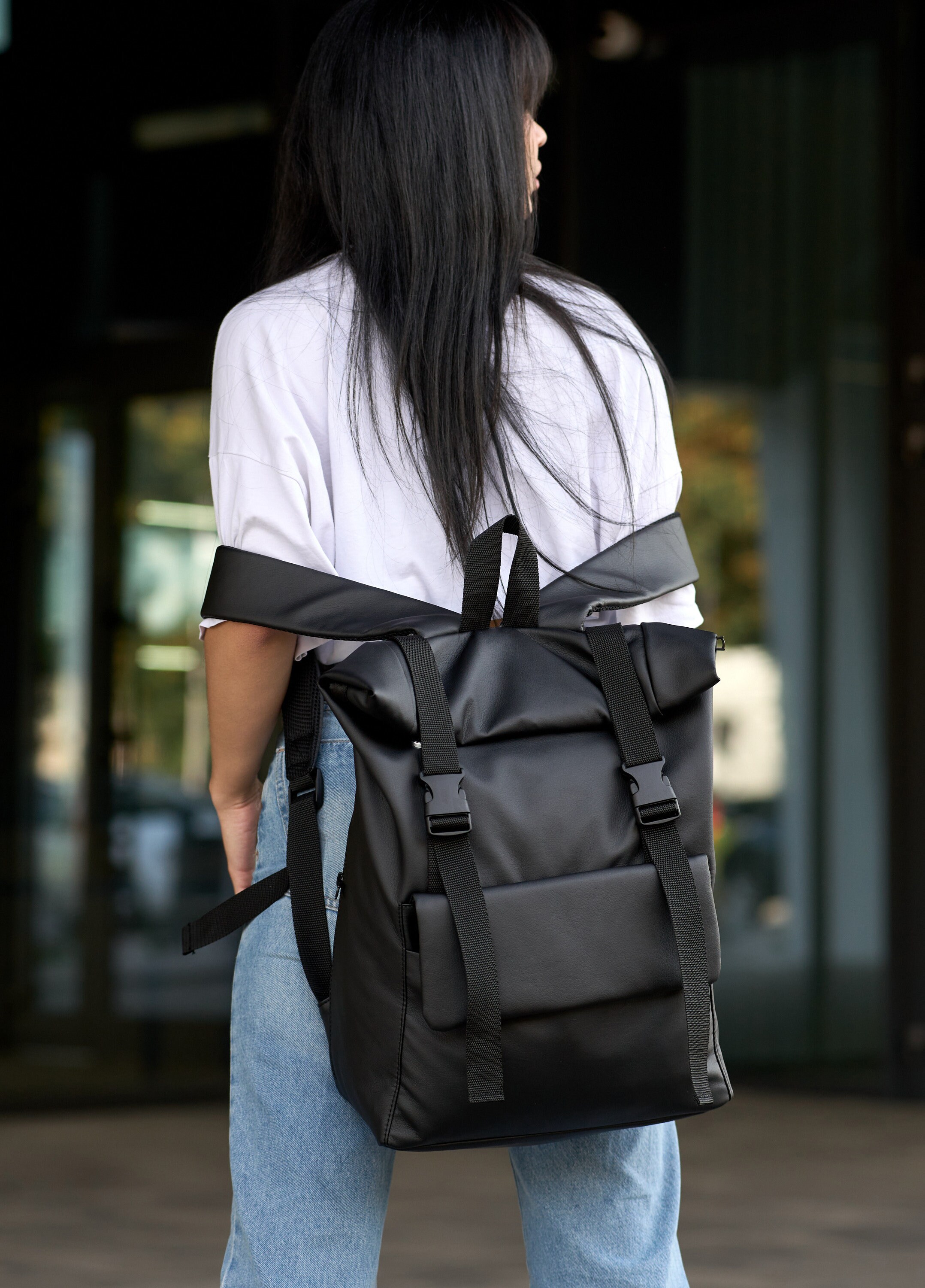 Black Roll Top Backpack, Woman Roll Top, Eco Leather Roll Top, Roll Top ...