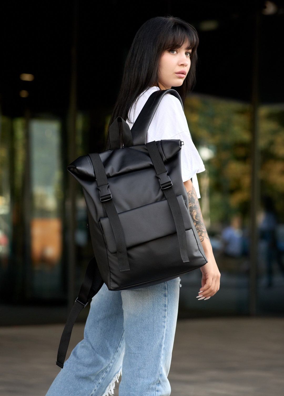 Black Roll Top Backpack, Woman Roll Top, Eco Leather Roll Top, Roll Top ...
