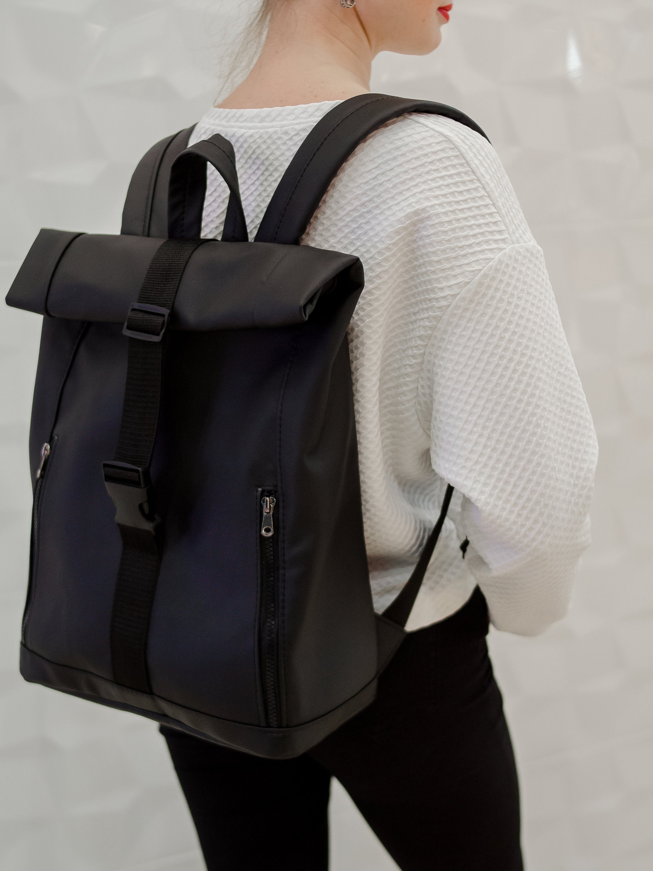 Roll Top Backpack Woman Roll Top Eco Leather Roll Top - Etsy