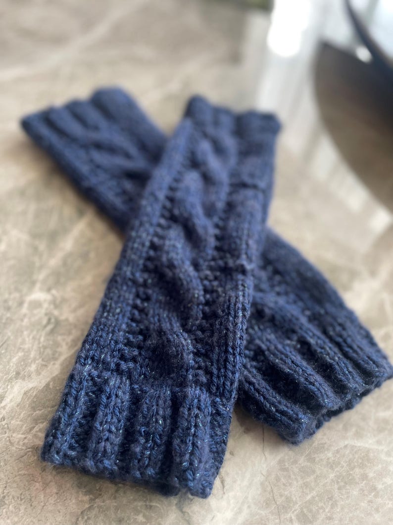 Long Mittens With Navy Blue Wool Cables and Sequins - Etsy