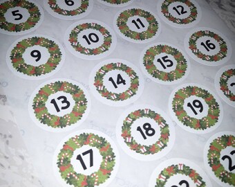 Christmas Advent Stickers / Labels X 24 / Christmas Countdown / Festive ...