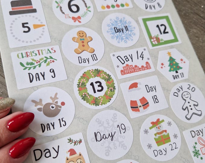Christmas Advent Stickers / Labels X 24 / Christmas Countdown / Festive ...