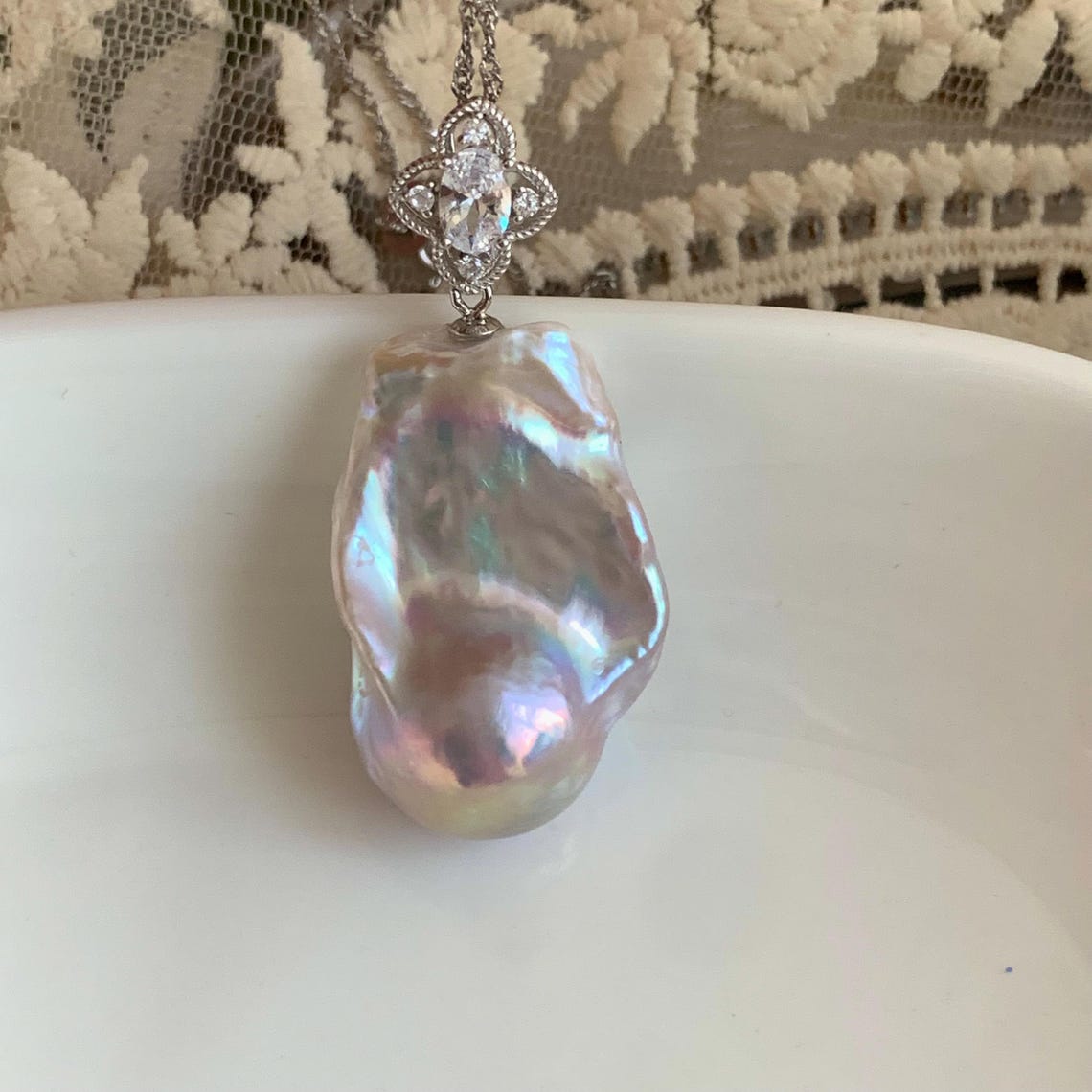 Baroque Pearl Pendant With CZ, Natural Baroque Pearl Pendant, Fire Ball ...