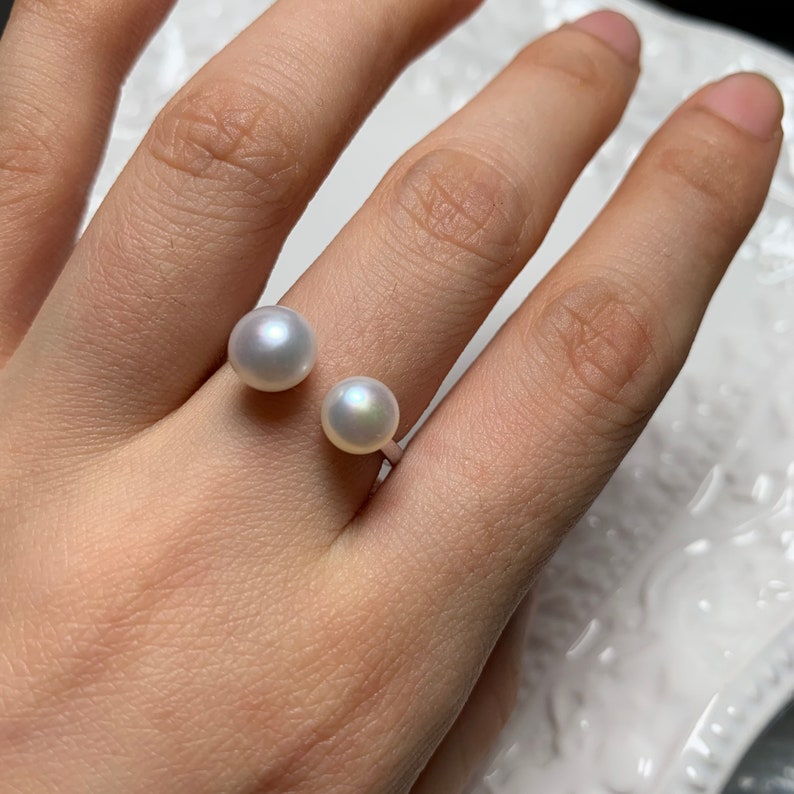 Double pearl ring adjustable pearl ring dainty pearl ring | Etsy