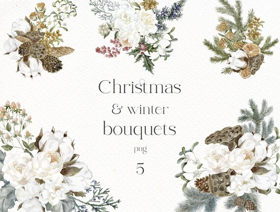 Watercolor Flowers Christmas Clipart Bouquet Winter Merry Xmas | Etsy