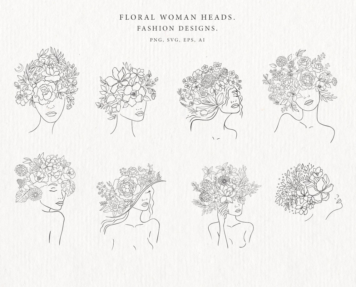 Women Girl Head Face Floral Leaf Flowers Plant Botanical | Etsy