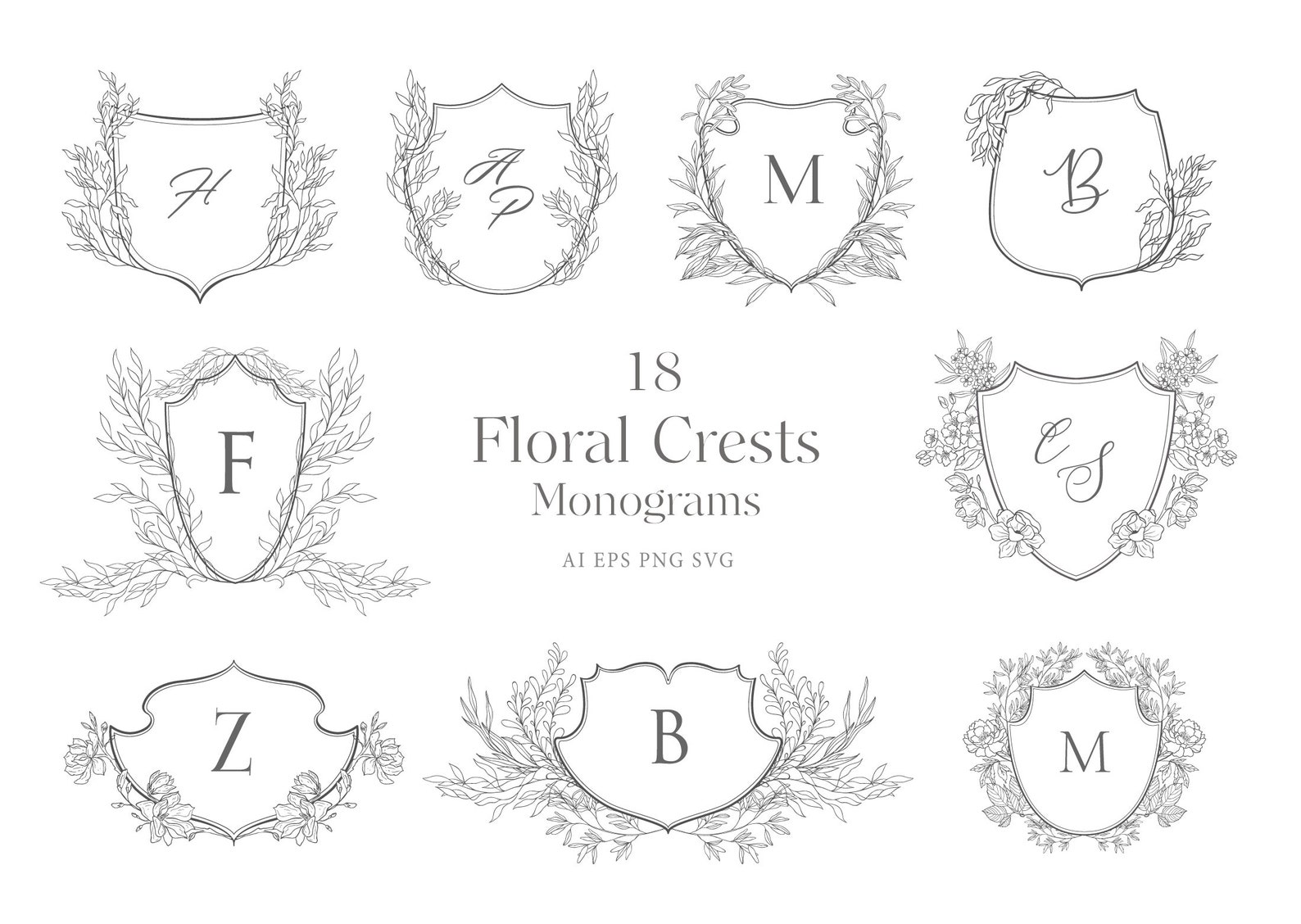 Floral Frames Clip Art Border Monogram Crests Clipart Flowers | Etsy
