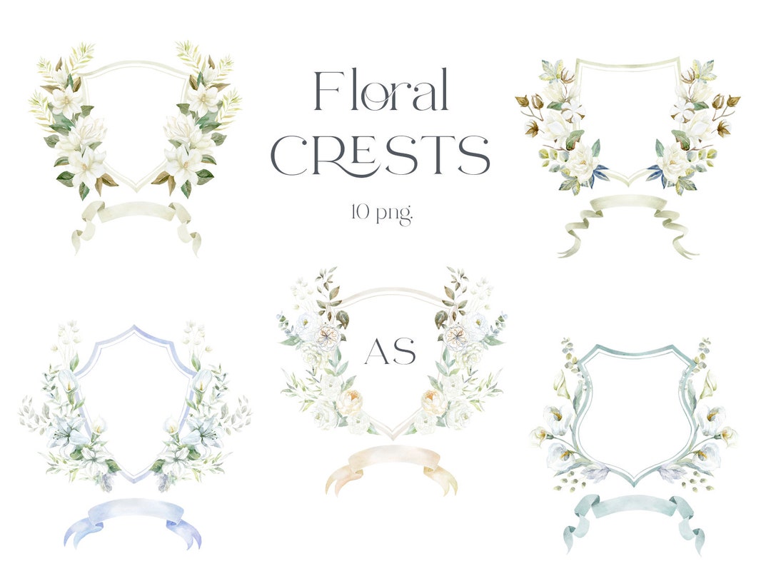 Wedding Crests, Flowers, Watercolor, Floral Clipart, Frames, White ...