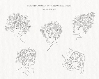 Women Girl Head Face Floral Leaf Flowers Plant Botanical | Etsy