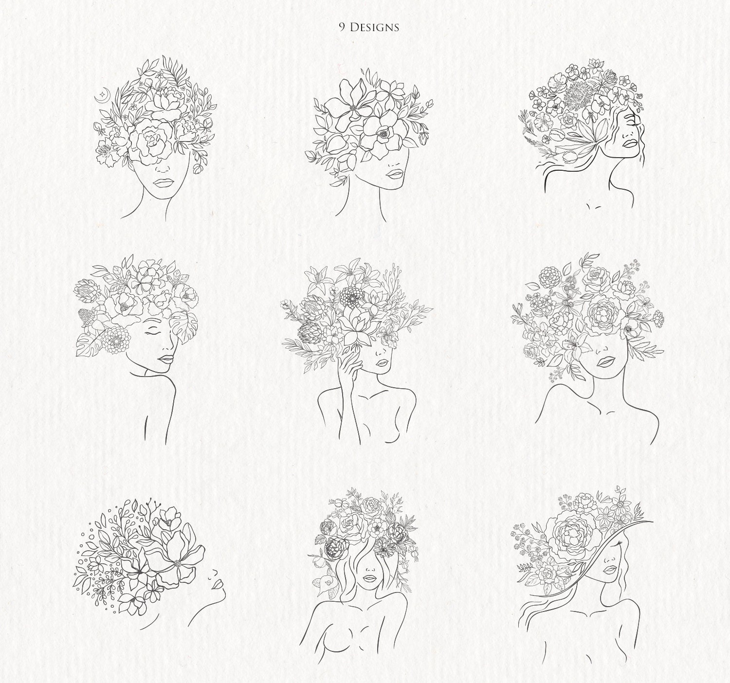 Women Girl Head Face Floral Leaf Flowers Plant Botanical | Etsy