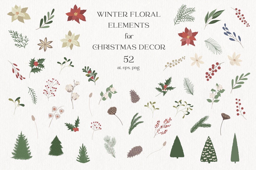 Christmas Flowers, Floral Clipart, Winter, New Year, Holiday, Holly ...