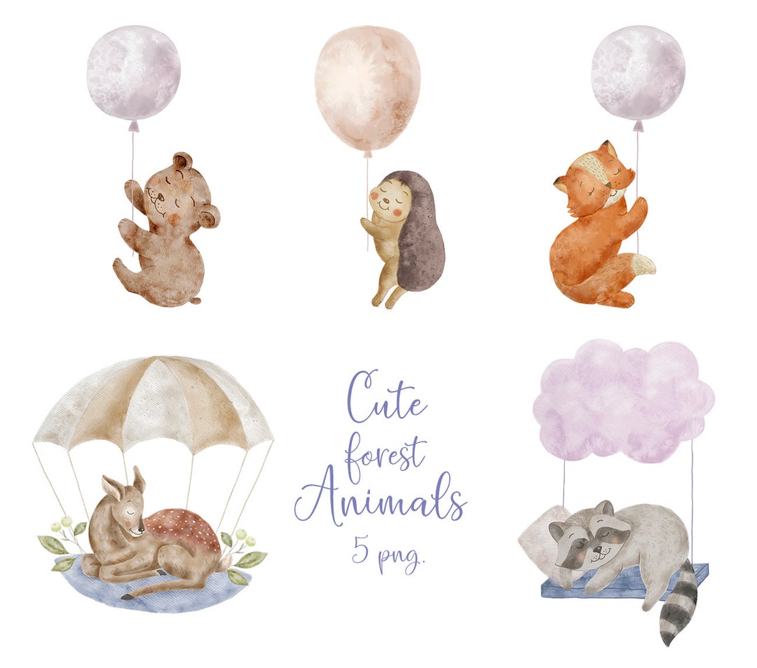 Forest Animals Watercolor Clipart Cute Bear Fawn Deer - Etsy