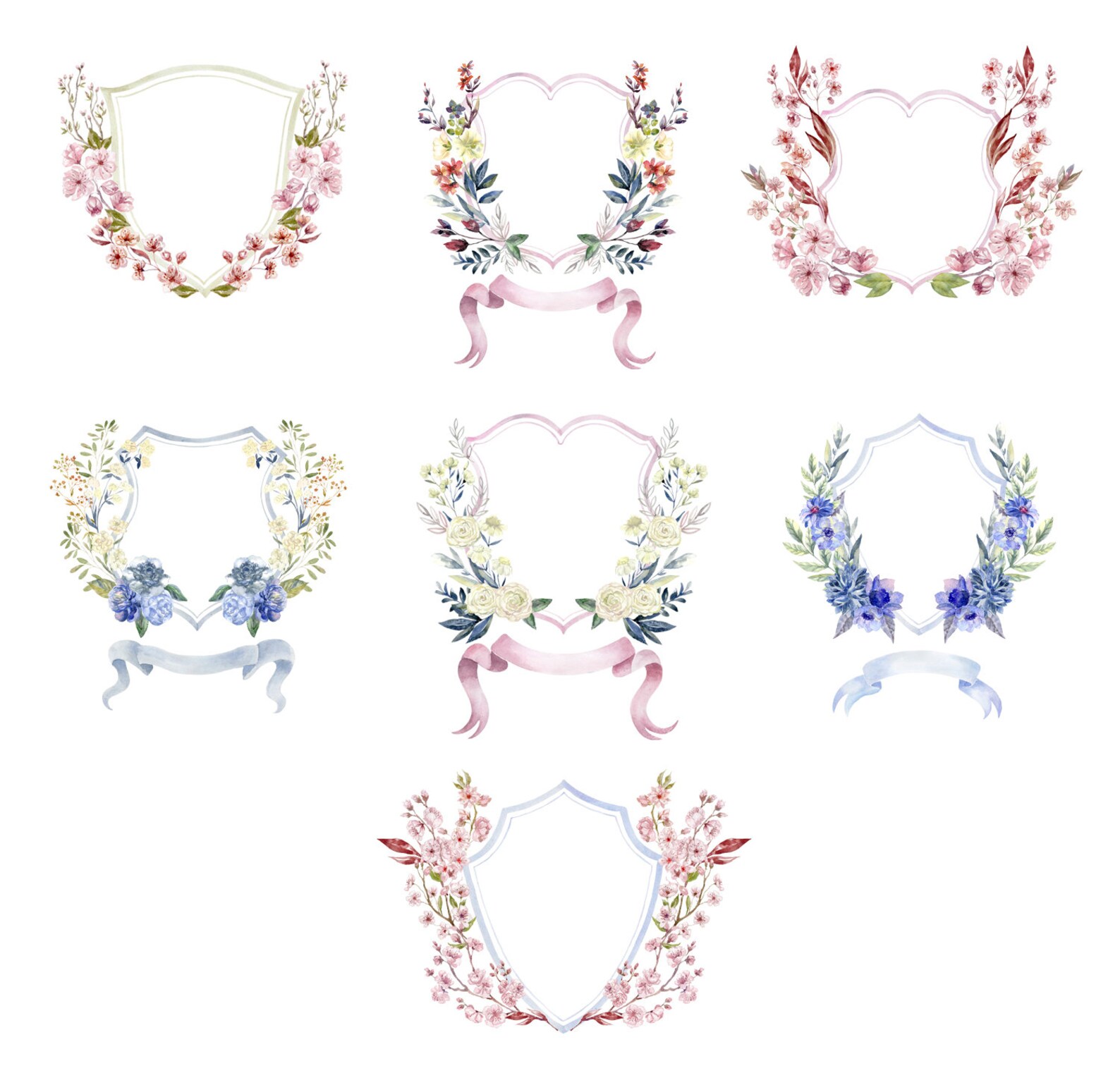 Wedding Crests Flowers Watercolor Floral Clipart Frames - Etsy