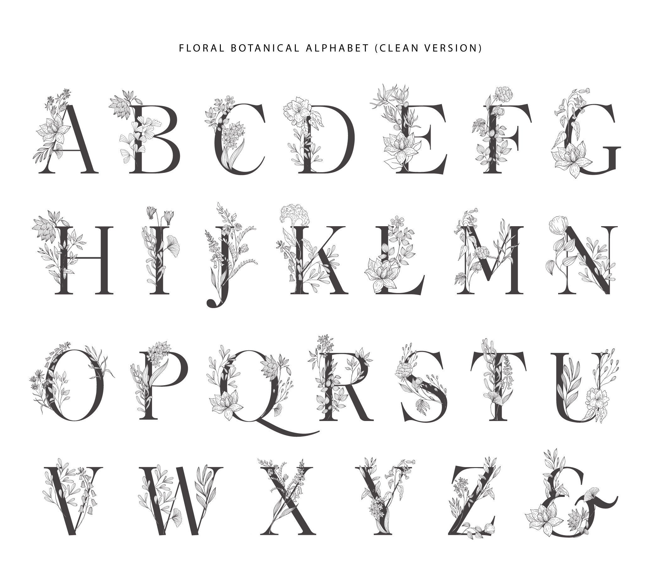 Botanical Floral Alphabet Leaves Flowers Peony Greenery Hand | Etsy