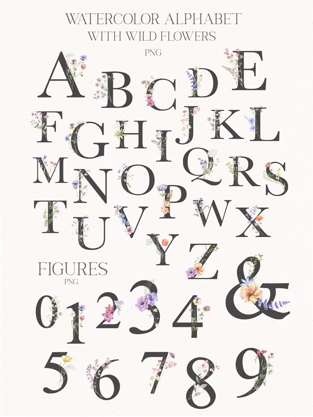 Wild Flowers Alphabet Watercolor Letters Numbers Figures - Etsy