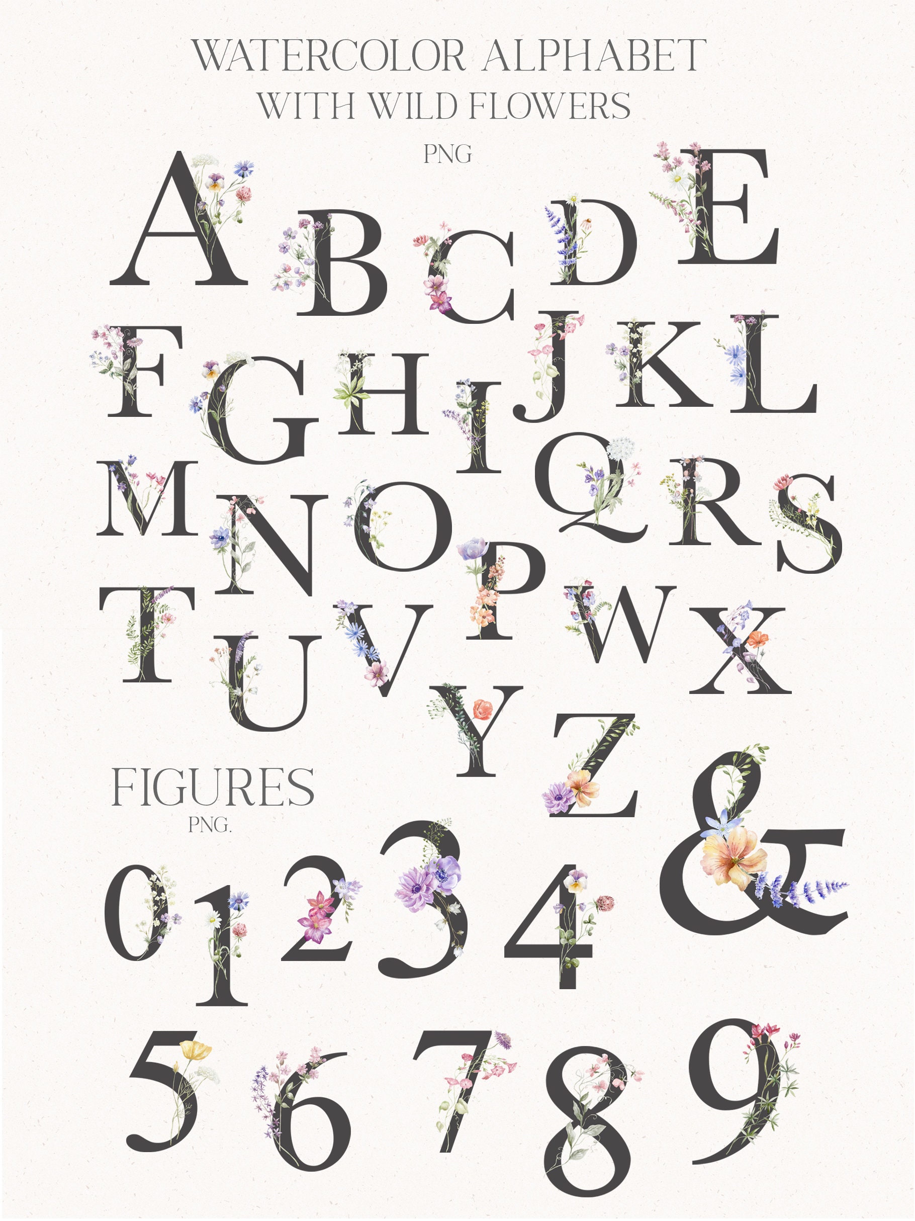 Wild Flowers Alphabet Watercolor Letters Numbers Figures - Etsy