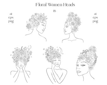 Women Girl Head Face Floral Leaf Flowers Plant Botanical | Etsy
