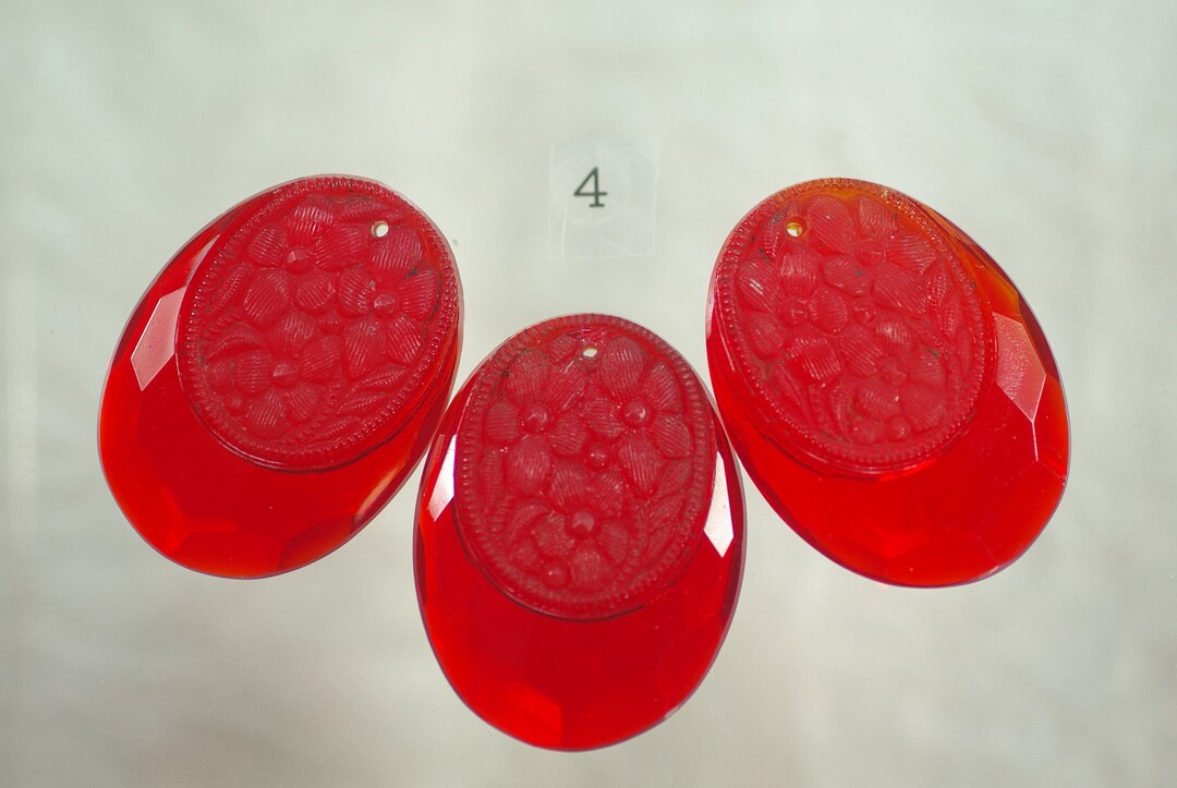 Vintage Czech 37x28 Red Pressed Glass Pendants, Nature Inspired Two ...