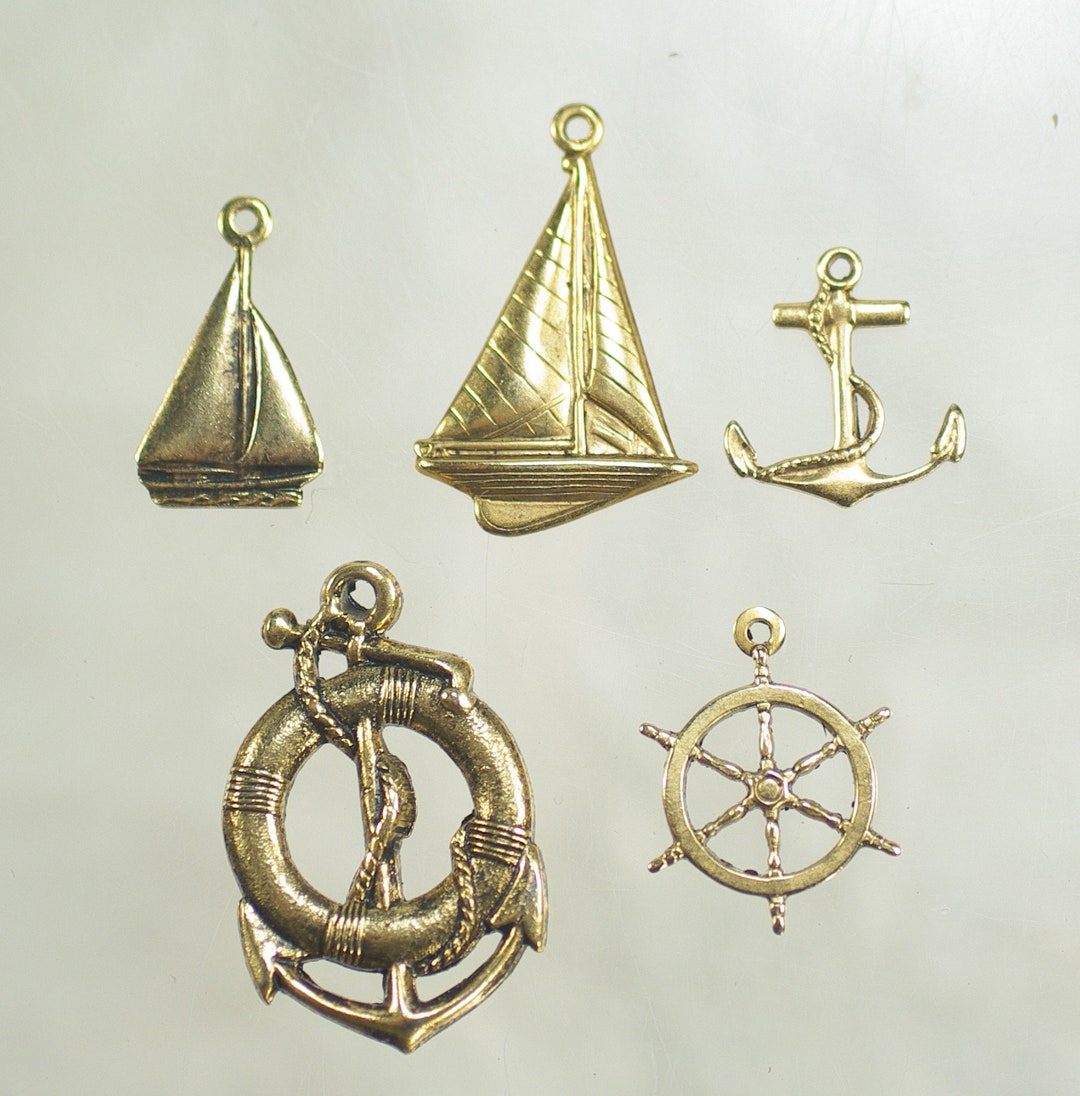Vintage Gold Nautical Charms, Sailboat Anchor Ships Wheel Life ...