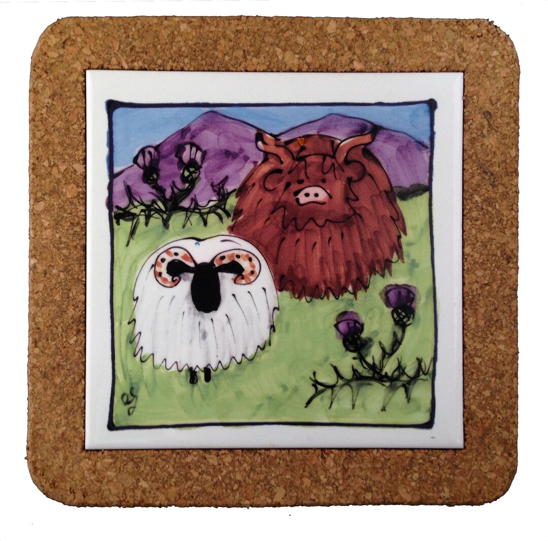 Highland Cow and Sheep Cork Trivet Tile, Teapot Stand, Lovely Bright ...