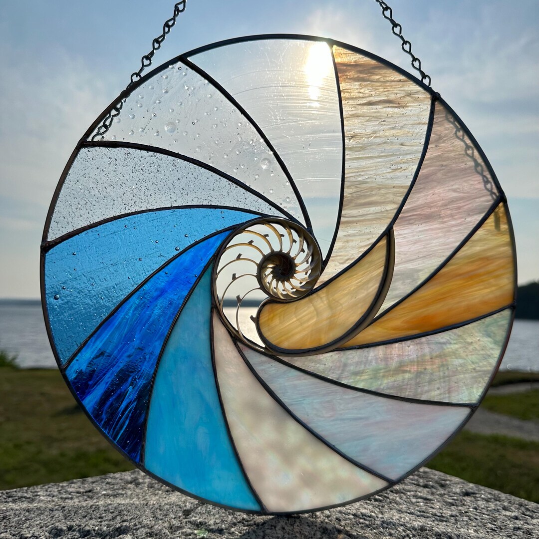 Handmade Stained Glass Wave Panel - White Pearl Nautilus Shell (center ...