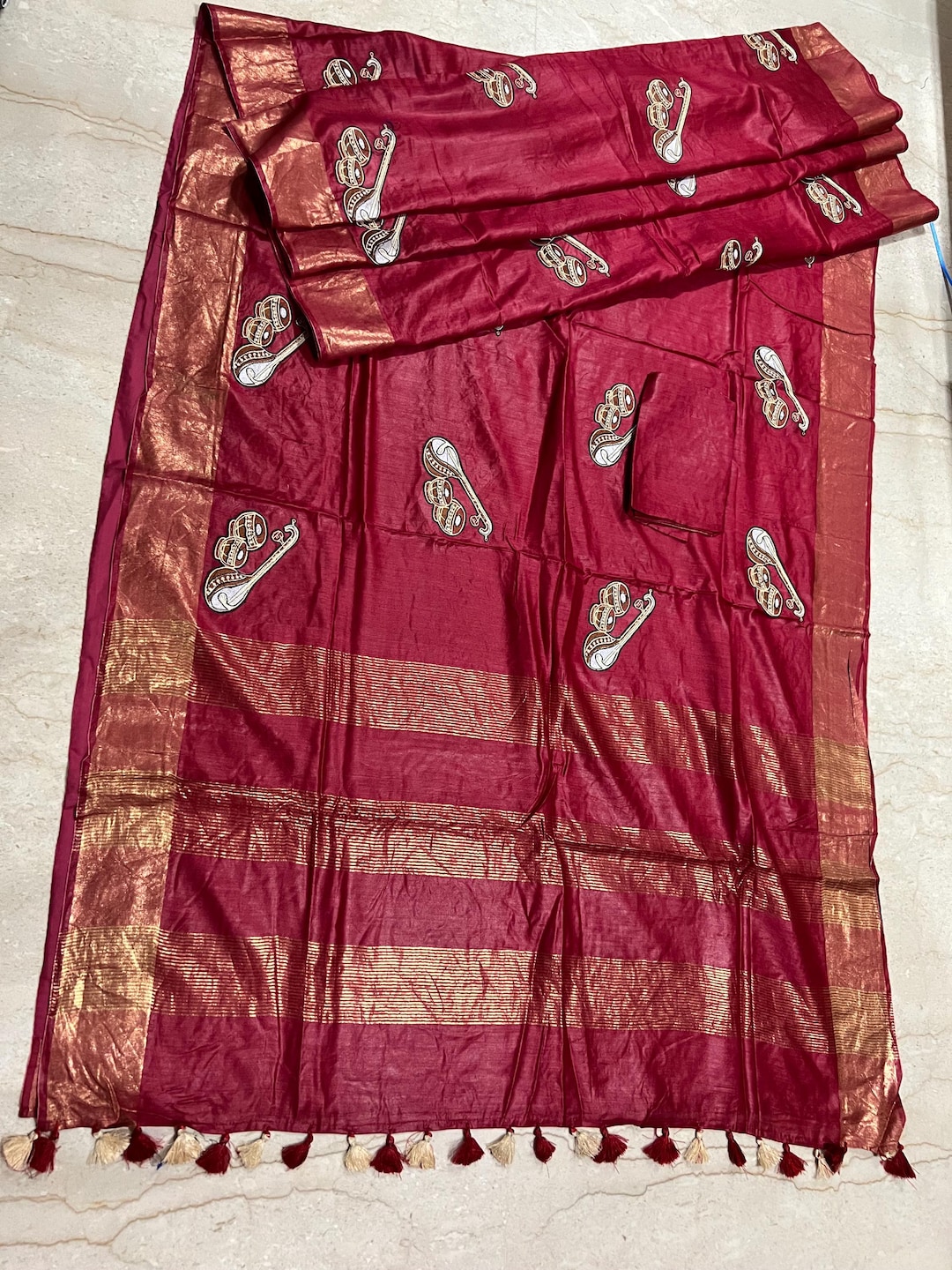 Maroon Munga Tussar Silk Saree: Musical Instrument Embroidery - Etsy