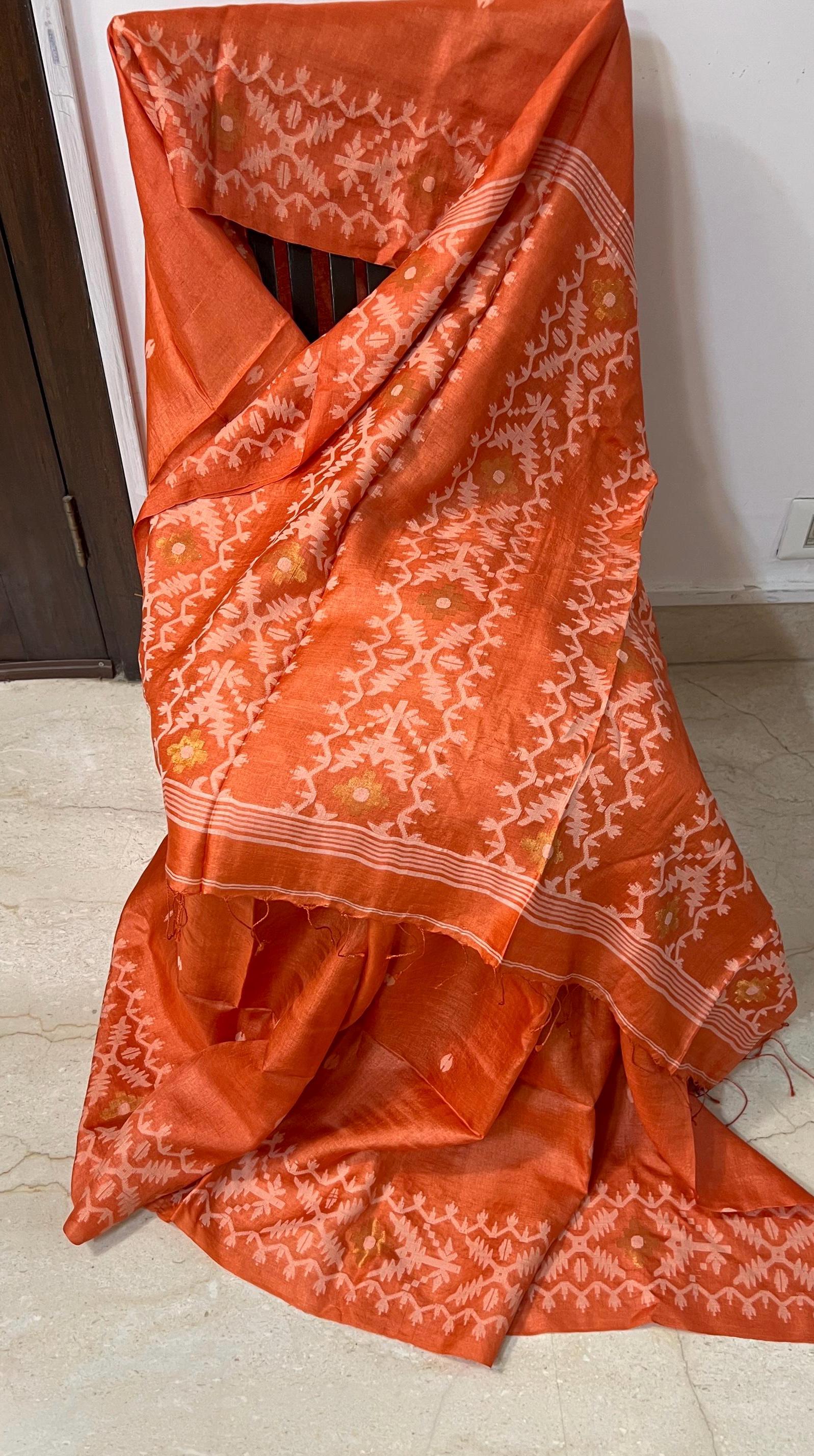 Handwoven Bright Orange Colour Tussar Jamdani Saree Silk With Blouse ...