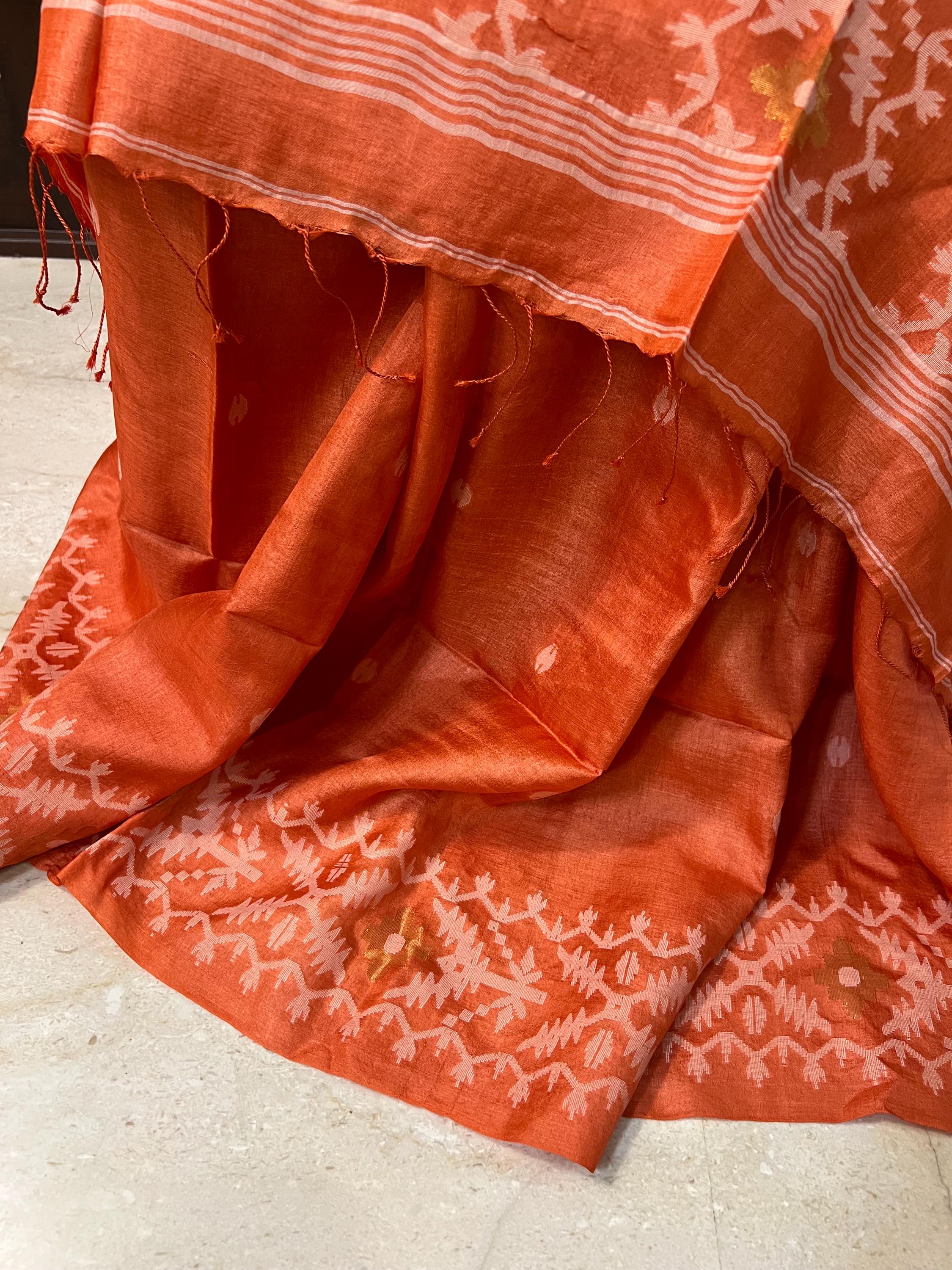 Handwoven Bright Orange Colour Tussar Jamdani Saree Silk With Blouse ...