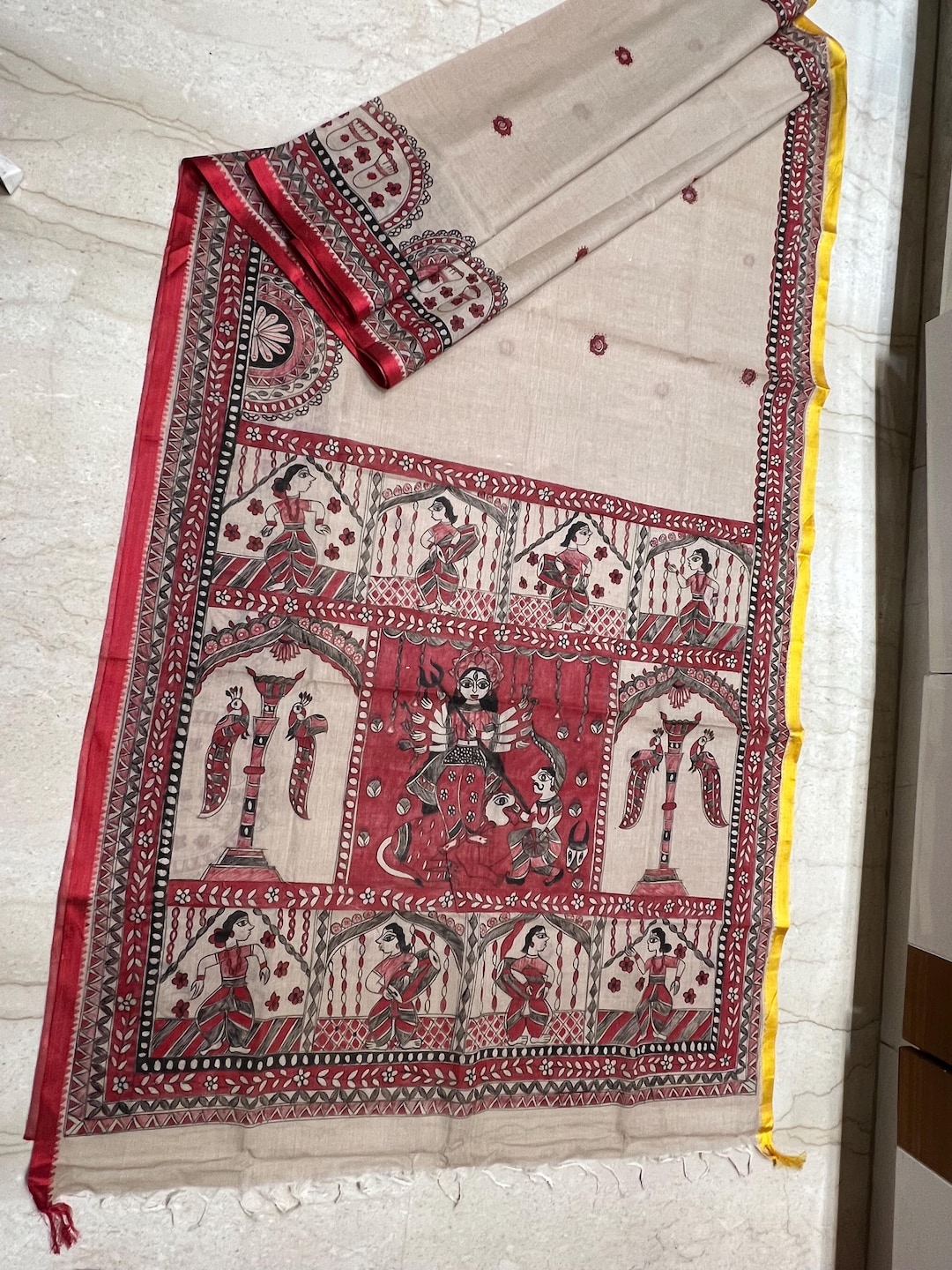Hand-painted Madhubani Dhonekhali Cotton Saree: Ganga Yamuna Border - Etsy