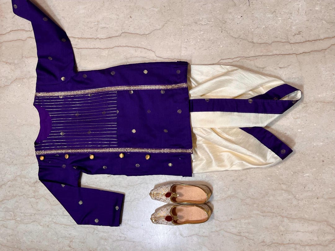 Bright Purple and Cream Kids Dhoti Kurta Set With Embroidered Mojaris ...