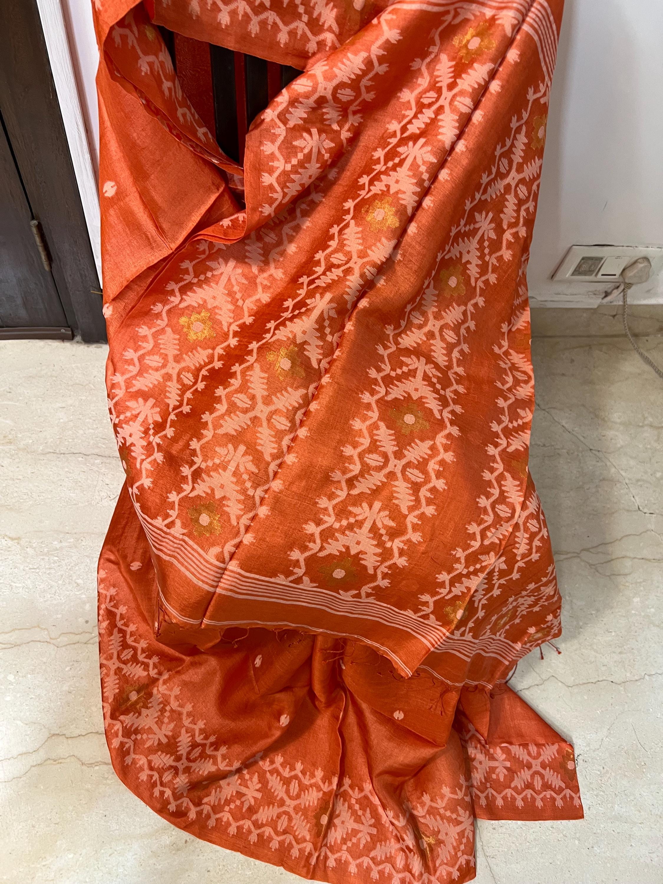Handwoven Bright Orange Colour Tussar Jamdani Saree Silk With Blouse ...
