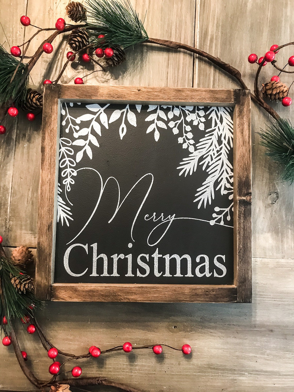 Farmhouse Merry Christmas Sign: Green & White Foliage, Rustic Decor - Etsy