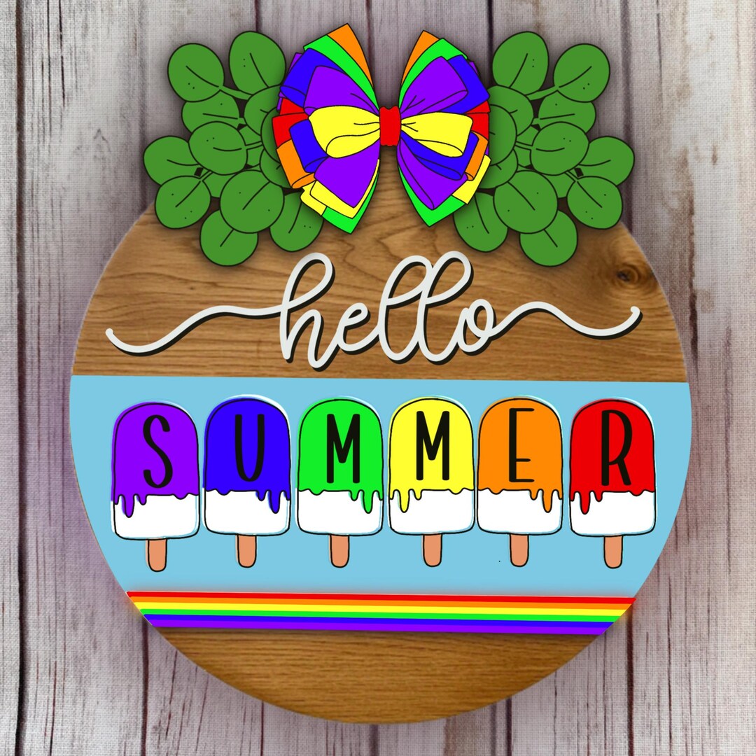 Round Farmhouse Porch Sign Hello Summer Ice Cream Cicel Greenery and ...
