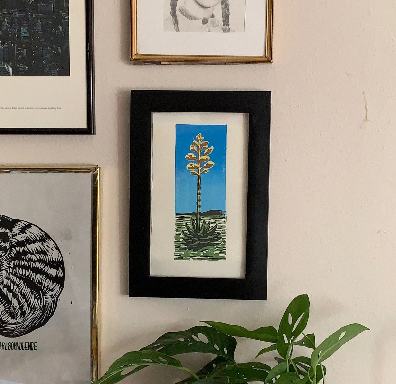 Century plant linocut print agave americana in bloom 3 | Etsy