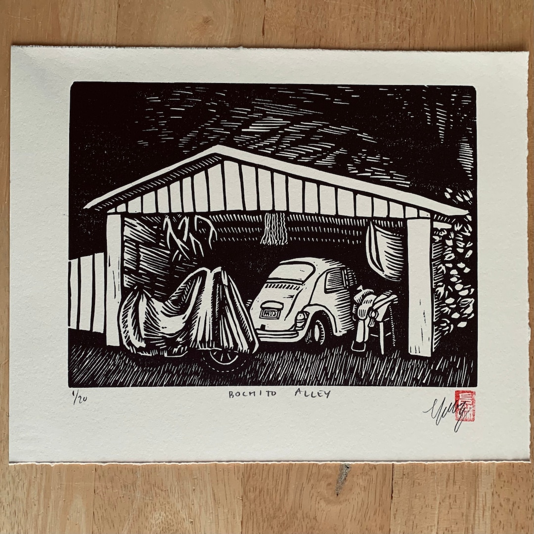 Linocut Print “bochito Alley” Volkswagen Beetle Vw Bug Garage - Etsy