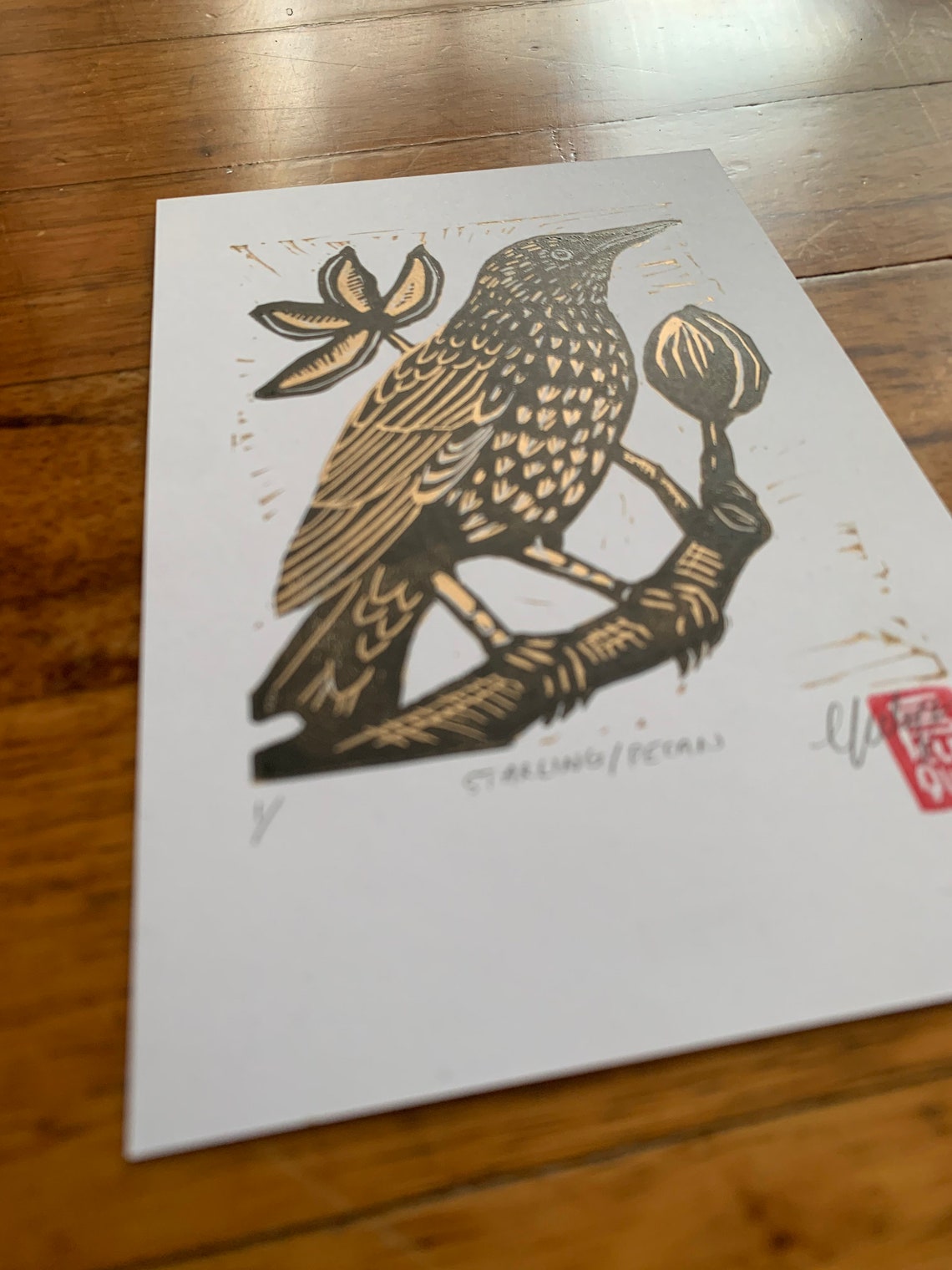 European Starling Pecan Tree Linocut Print Gold Ink - Etsy