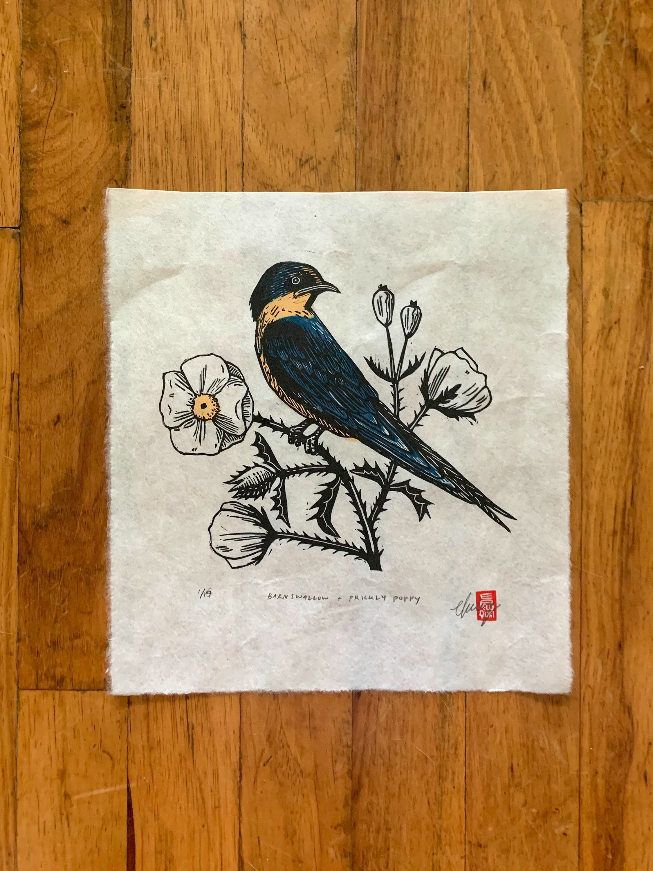 Barn swallow Texas prickly poppy linocut botanical print | Etsy