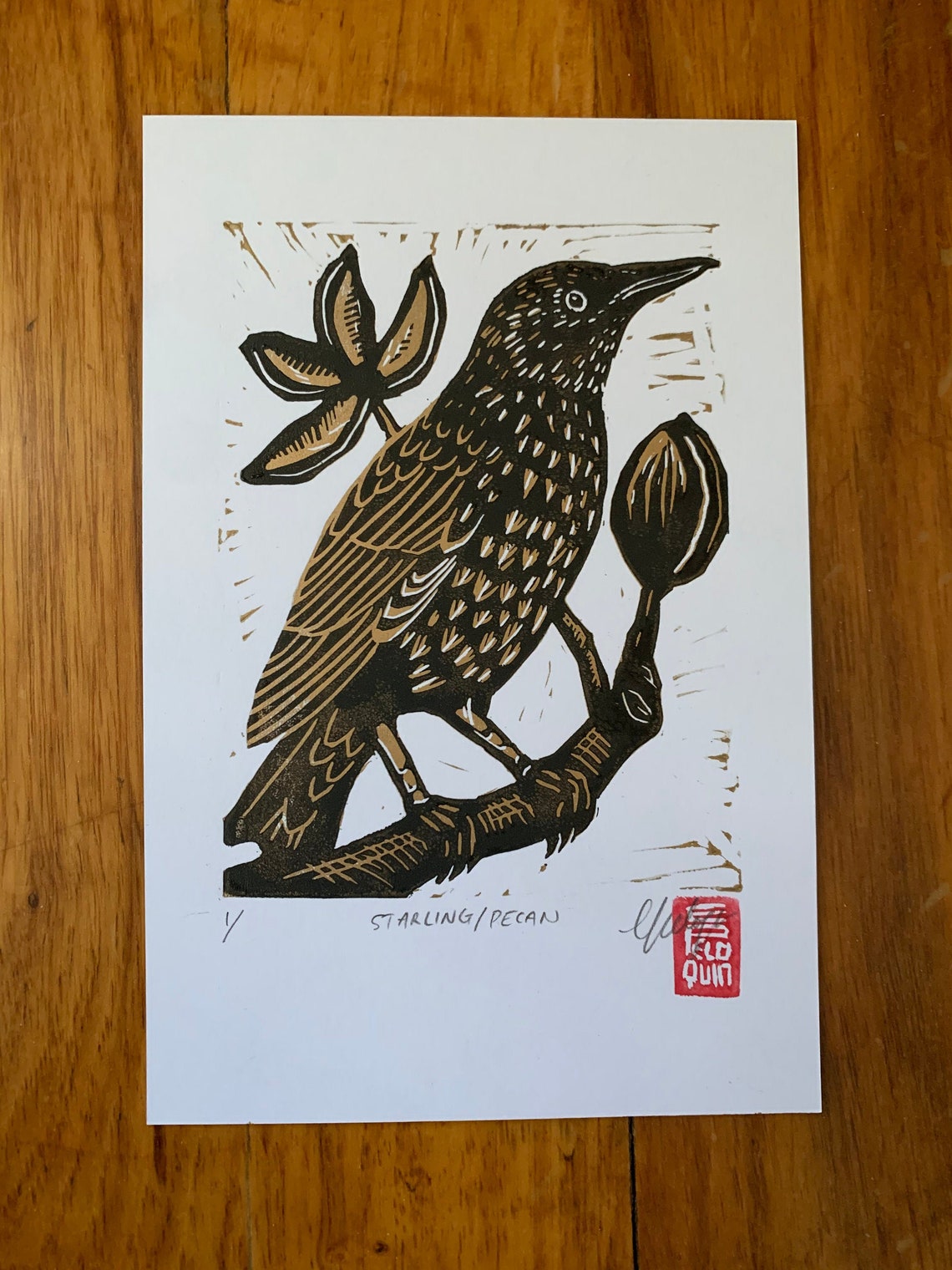 European Starling Pecan Tree Linocut Print Gold Ink - Etsy