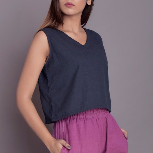 Linen Sleeveless Crop Top Linen Crop Top Cropped Blouse V Etsy