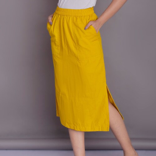 Straightline Linen Skirt Side Cut Midi Skirt Patch Pocket - Etsy