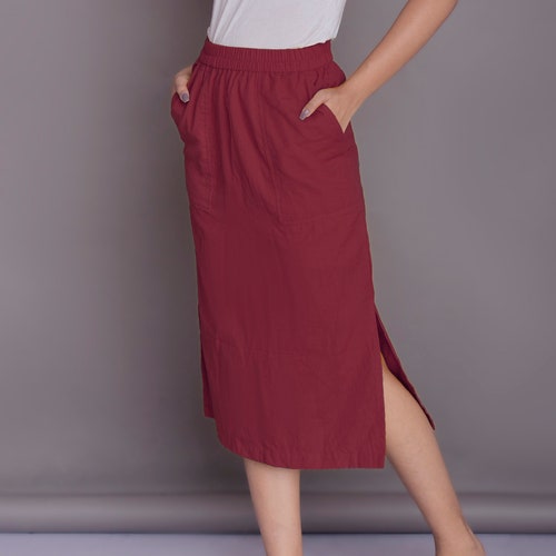 Side Cut Straightline Linen Midi Skirt Patch Pocket Skirt - Etsy