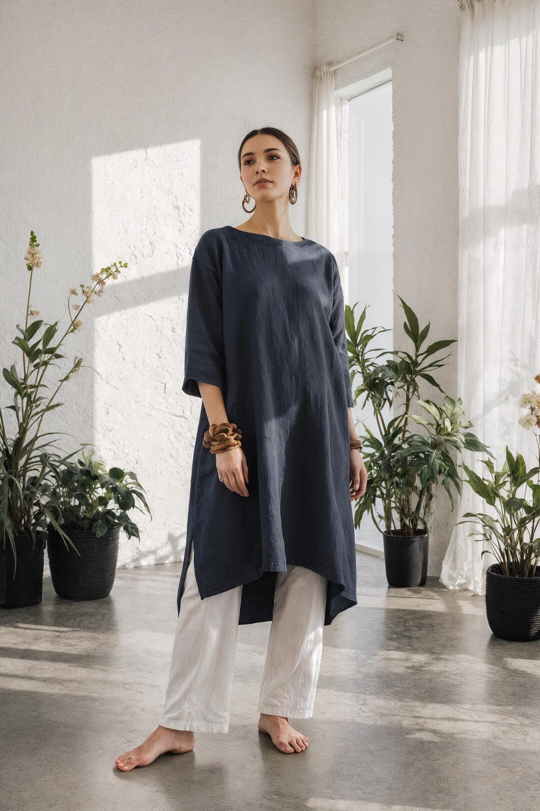 Linen Relaxed Fit Round Neck Tunic Dress With Pockets | High Front Low ...