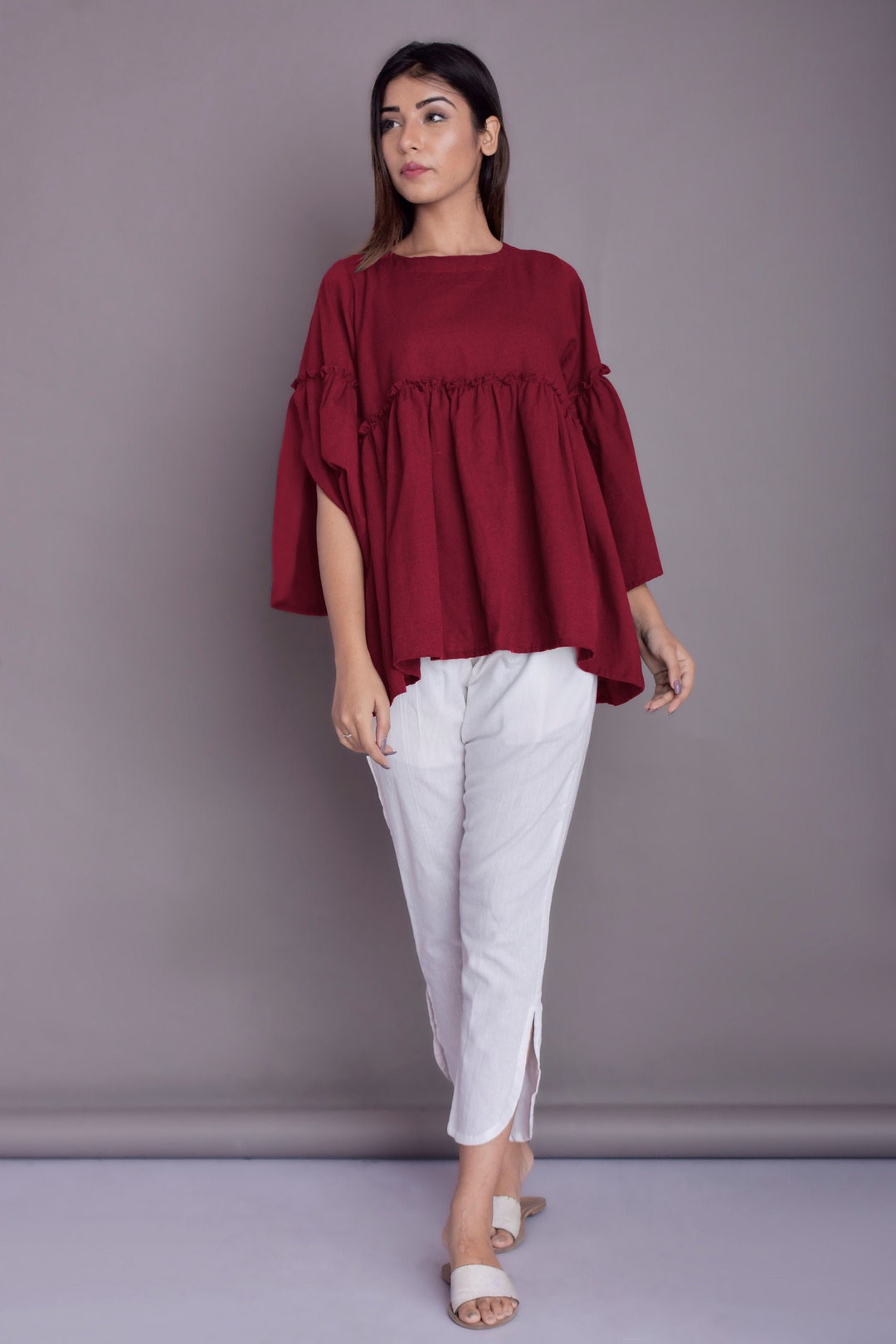 Linen Ruffle Tunic, Linen Sleeve Cut Blouse, Casual Linen Tunic, Linen ...