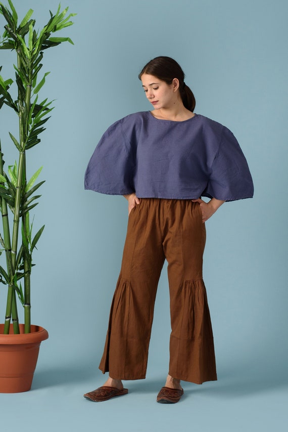 Linen Paneled Pants Linen Relaxed Pants Linen Ruffle - Etsy