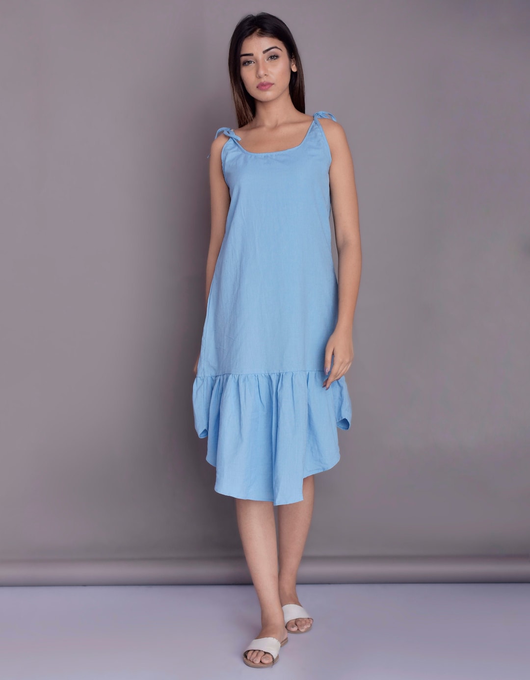Linen Strap Dress With Ruffle Bottom, Summer Dress for Women, Everyday ...
