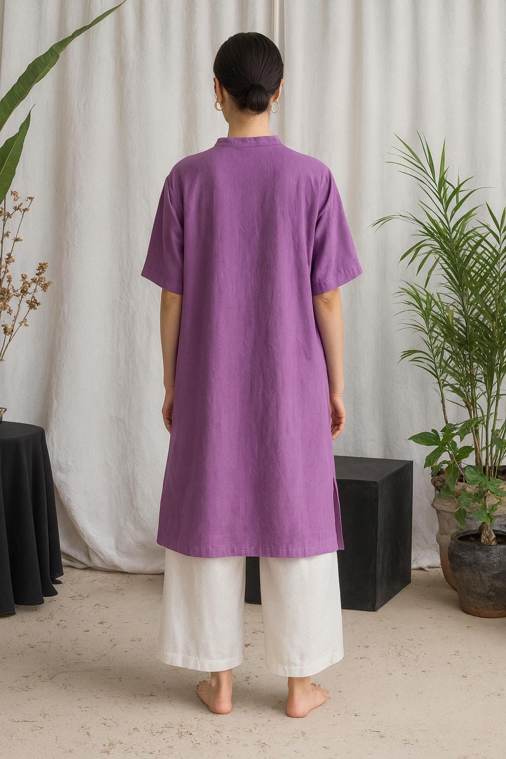 Linen Midi Length Shirt Dress: Patch Pockets, Side Slits, Mandarin ...