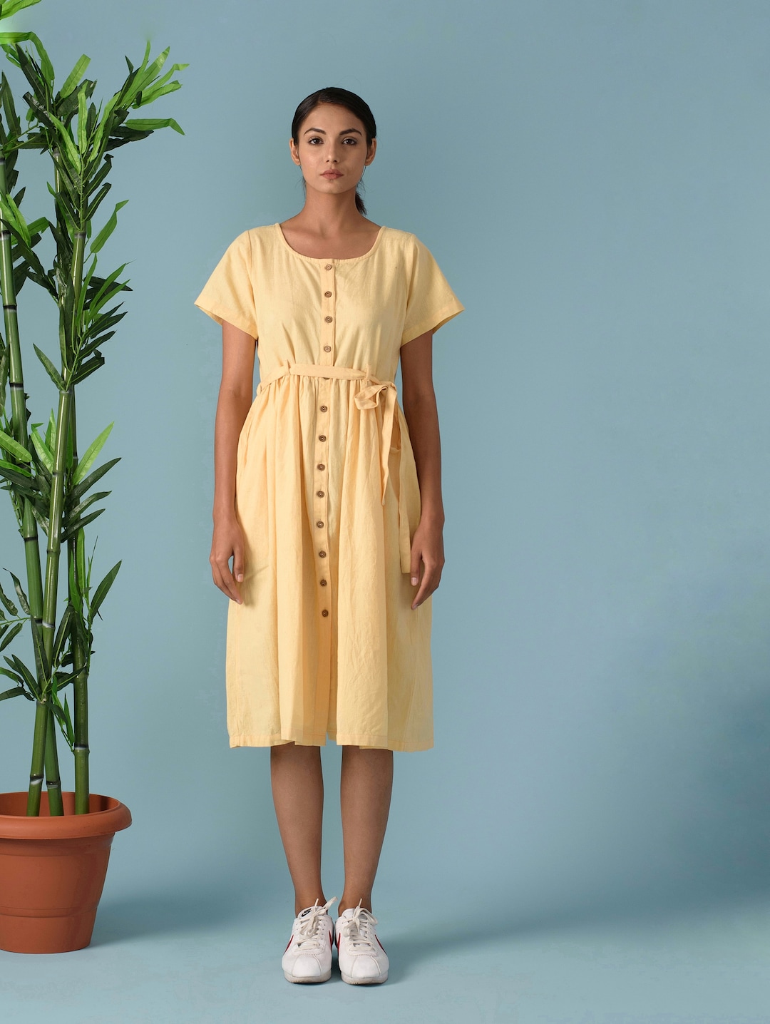 Button Down Linen Midi Dress, Linen Dress With Waist Belt, Linen Midi ...